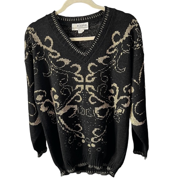 Vintage | Sweaters | Vintage 8s Ellen D Black Gold Sweater Decorative Metallic Gold Swirl Design ...